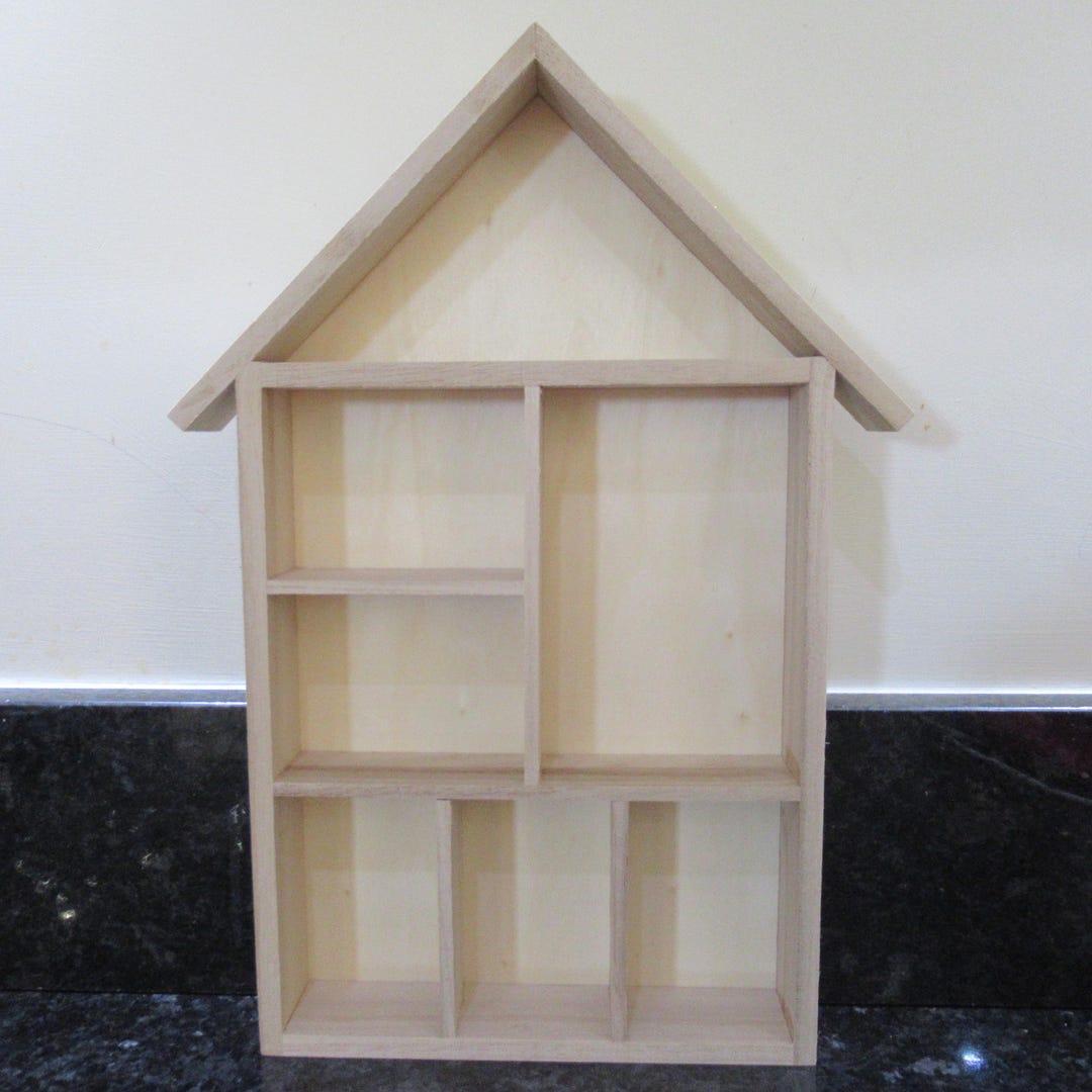 Wood House Shape Display Unit Shadow Box for Dolls House Miniatures ...
