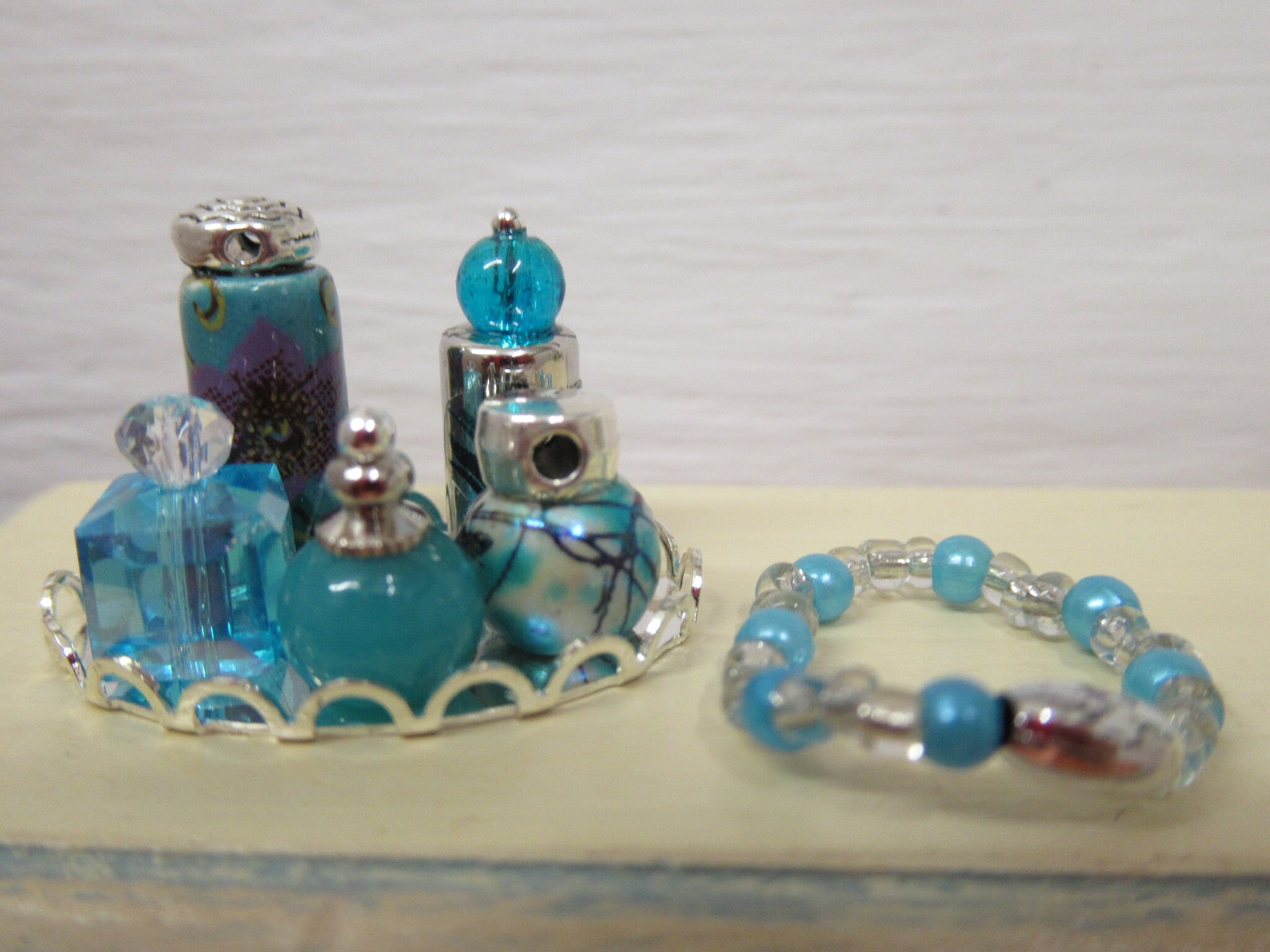 Miniature Perfume Bottles Blue & Silver With Tiny Necklace and - Etsy