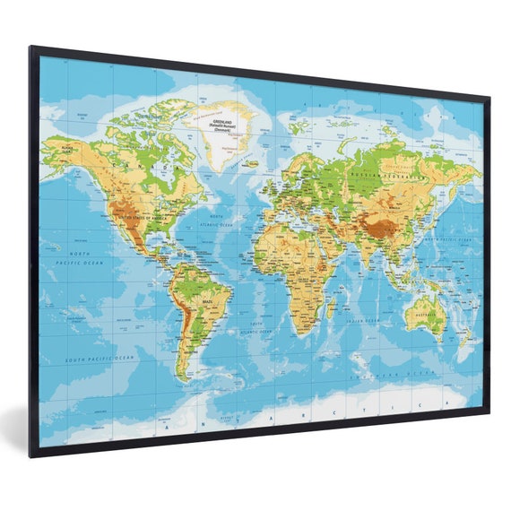 Poster With Frame 120x80 Cm World Map Political Blue | Etsy