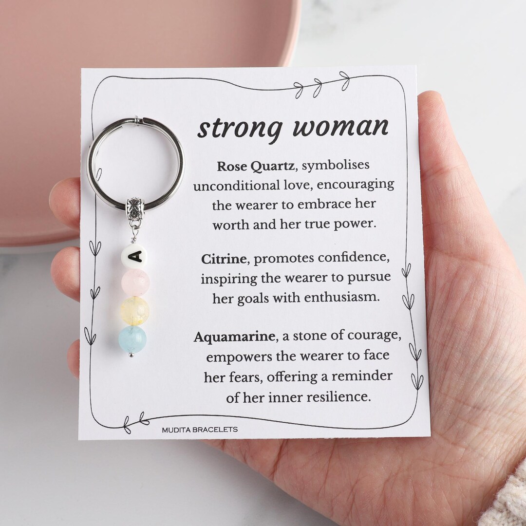 STRONG WOMAN Personalised Keyring, Initial Gemstone Keychain, Healing ...