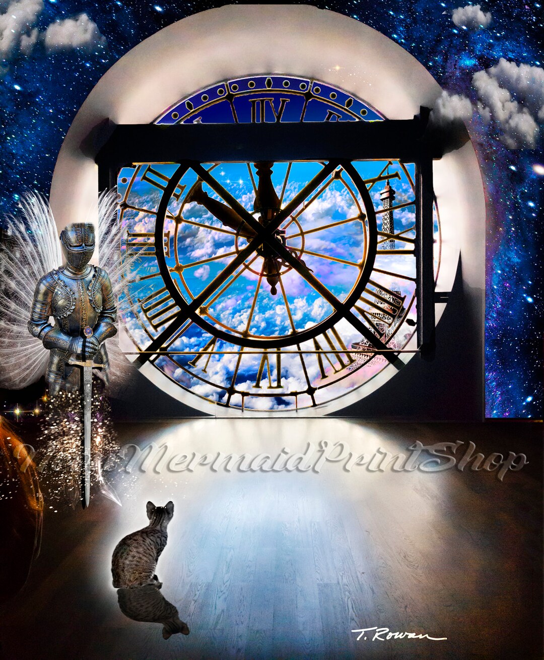 Guardian Angel Art Print: Paris Clock, Cat & Knight - Signed Giclee - Etsy