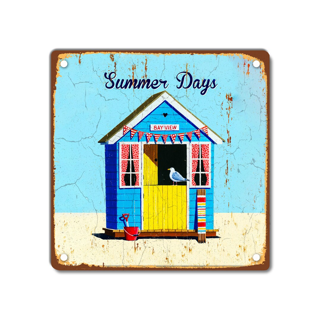 Summer Days Beach Hut Vintage Style Metal Sign, 200 X 200 Mm 8 X 8 Inch ...