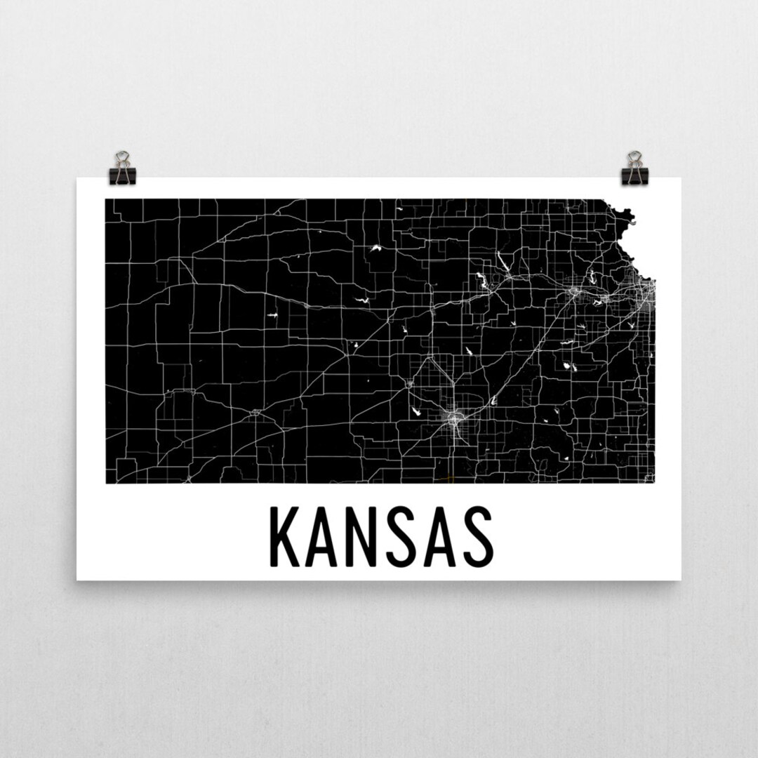 Kansas Map Art Print: Modern Black & White Kansas Decor - Etsy UK