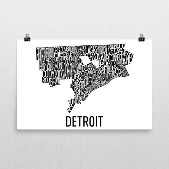 Detroit Typography Neighborhood Map Art City Print Detroit | Etsy