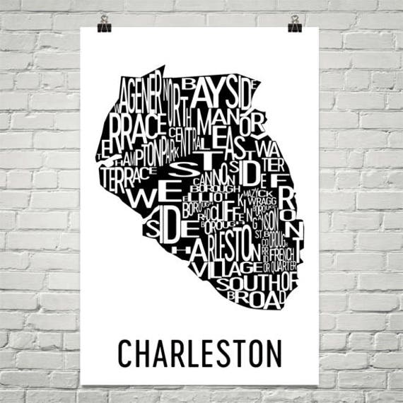 Charleston Typography Neighborhood Map Art City Print | Etsy