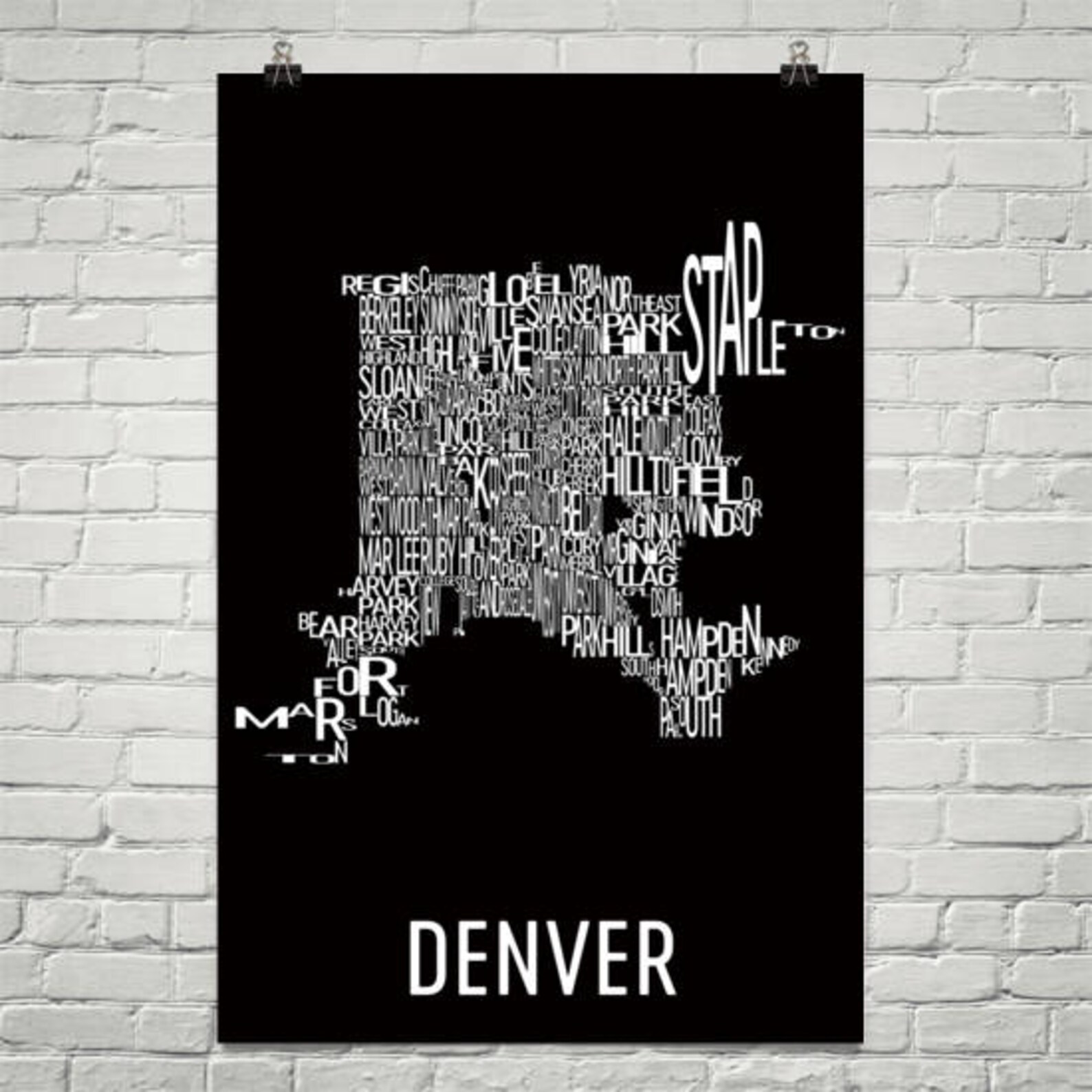 Denver Typography Neighborhood Map Art City Print Denver Wall | Etsy