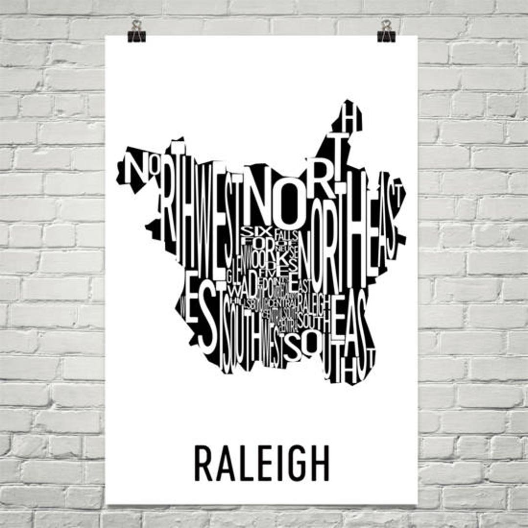 Raleigh Typography Neighborhood Map Art City Print, Raleigh Wall Art ...