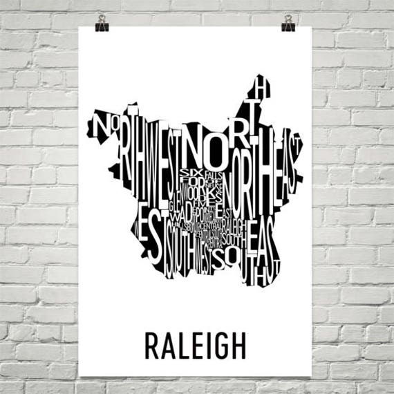 Raleigh Typography Neighborhood Map Art City Print Raleigh | Etsy