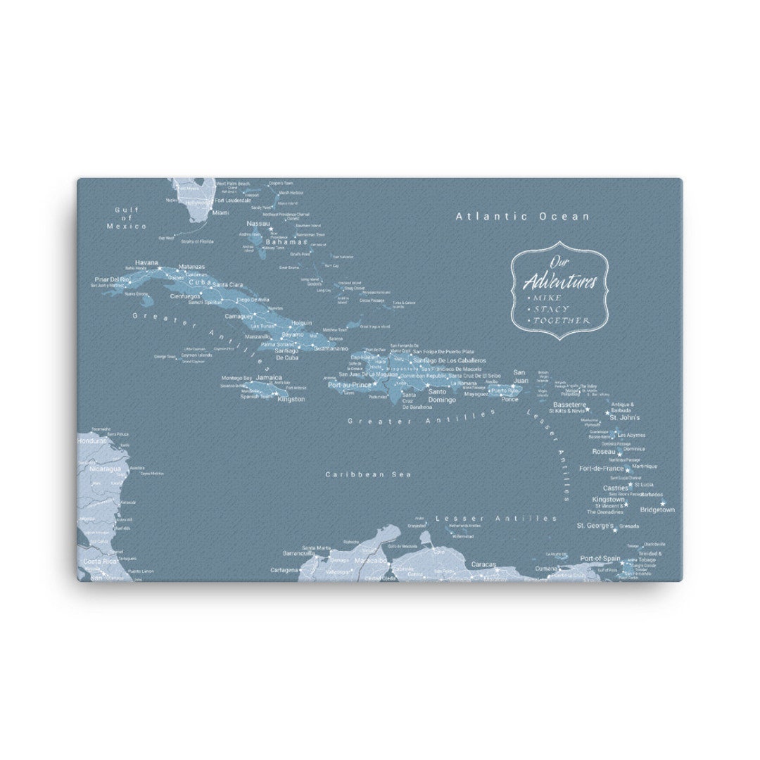 Caribbean Push Pin Travel Map: Light Blue Personalized Wall Art - Etsy