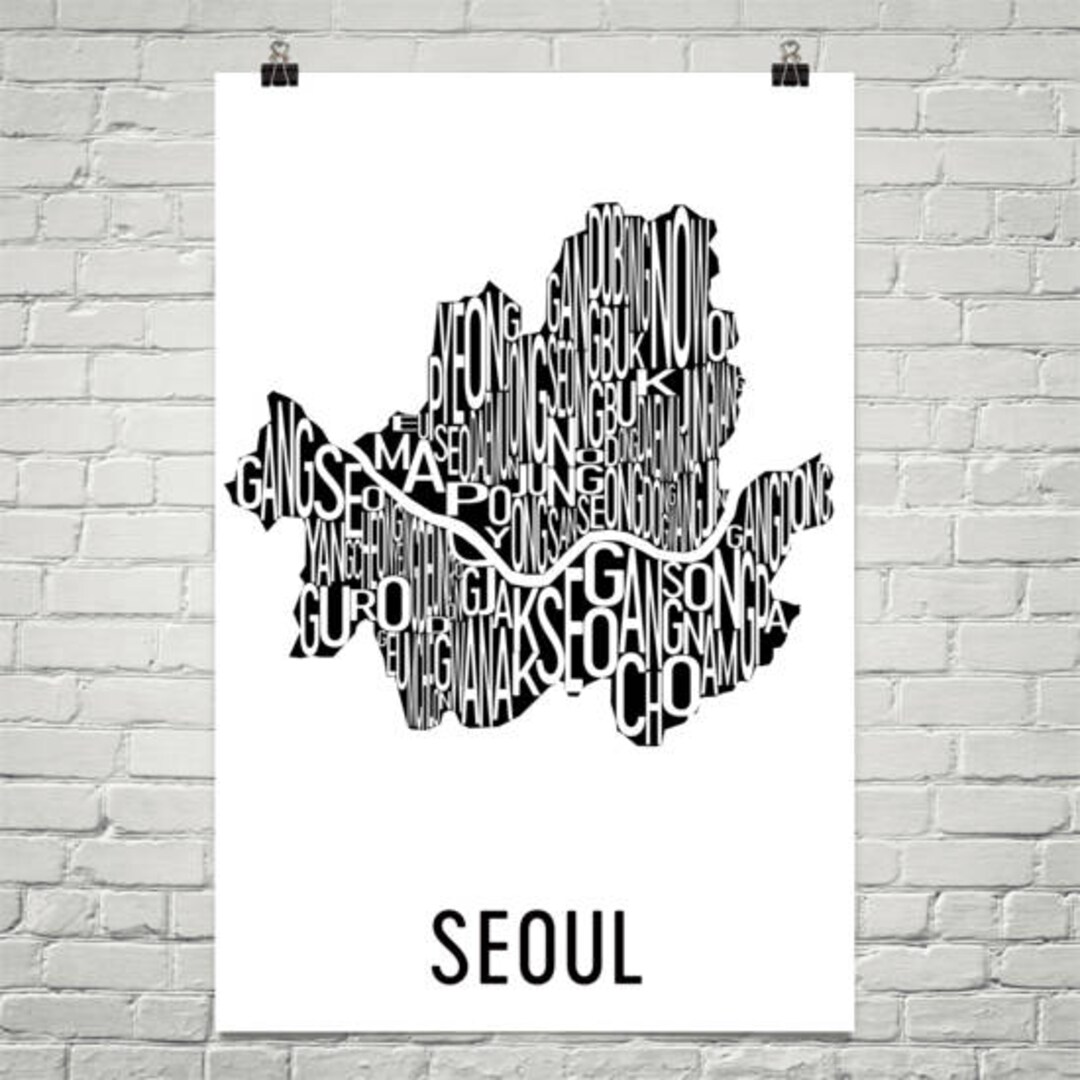 Seoul Typography Neighborhood Map Art City Print, Seoul Wall Art, Seoul ...