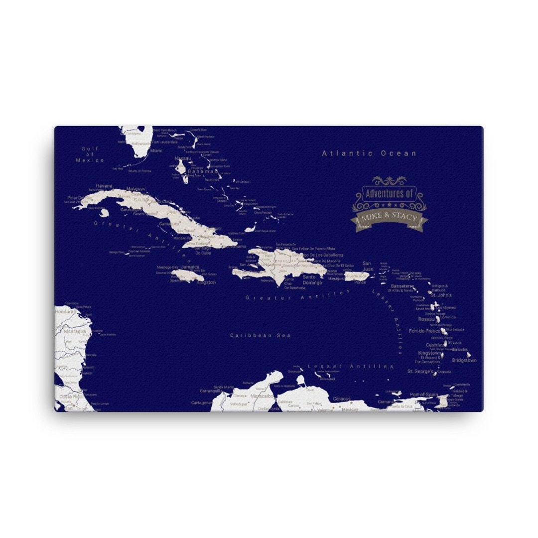 Caribbean Navy Blue Map, Caribbean Push Pin Map, Blue Map of Caribbean ...