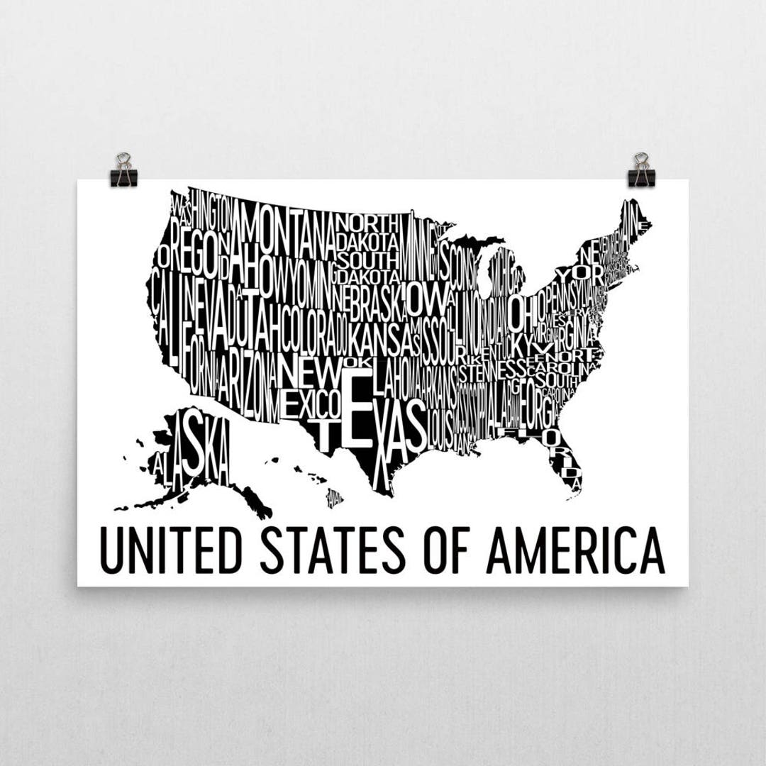 USA Map Typography Art Print, United States Map Wall Art, US Map Poster ...