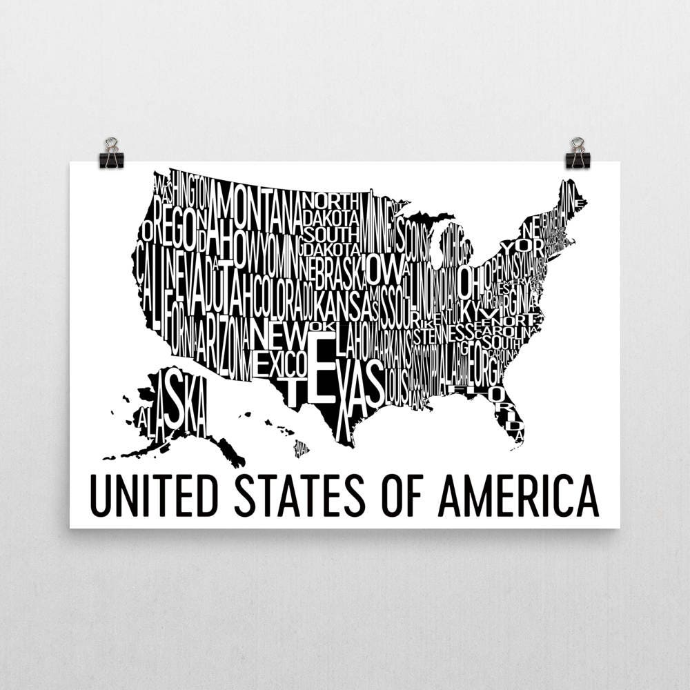 USA Map Typography Art Print United States Map Wall Art US | Etsy