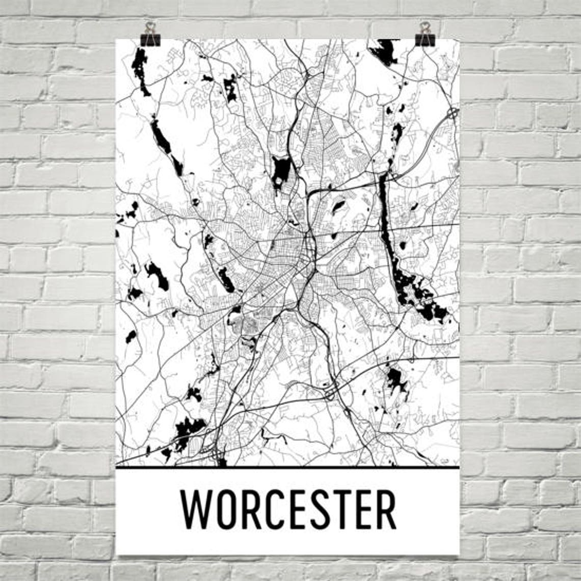 Worcester Map Worcester Art Worcester Print Worcester MA | Etsy