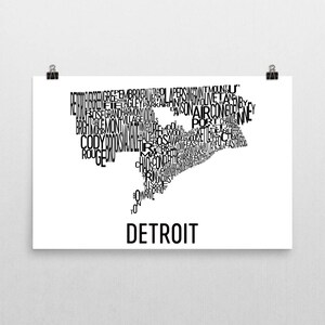 Detroit Typography Neighborhood Map Art City Print, Detroit Wall Art ...