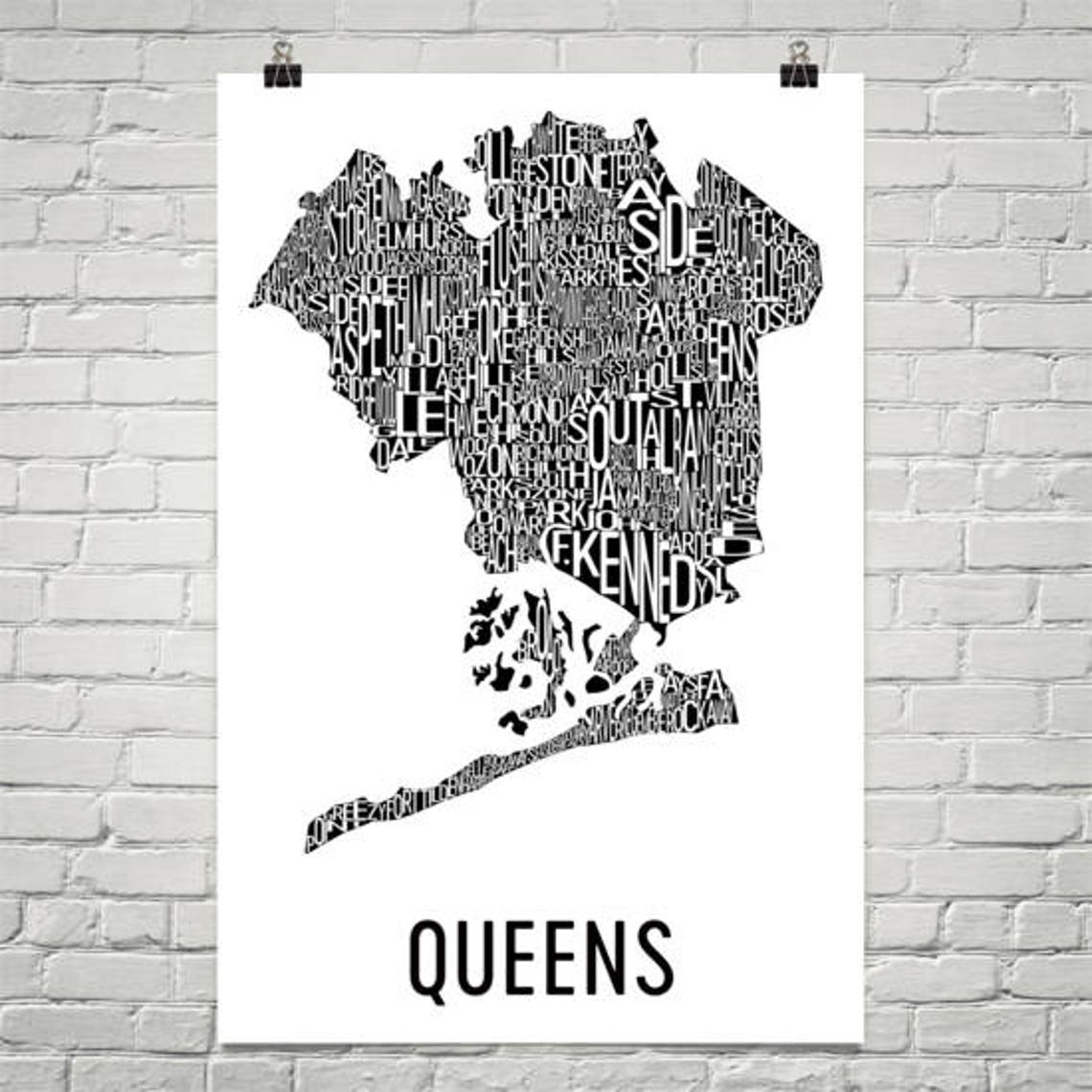 Queens Typography Neighborhood Map Art City Print Queens Wall - Etsy