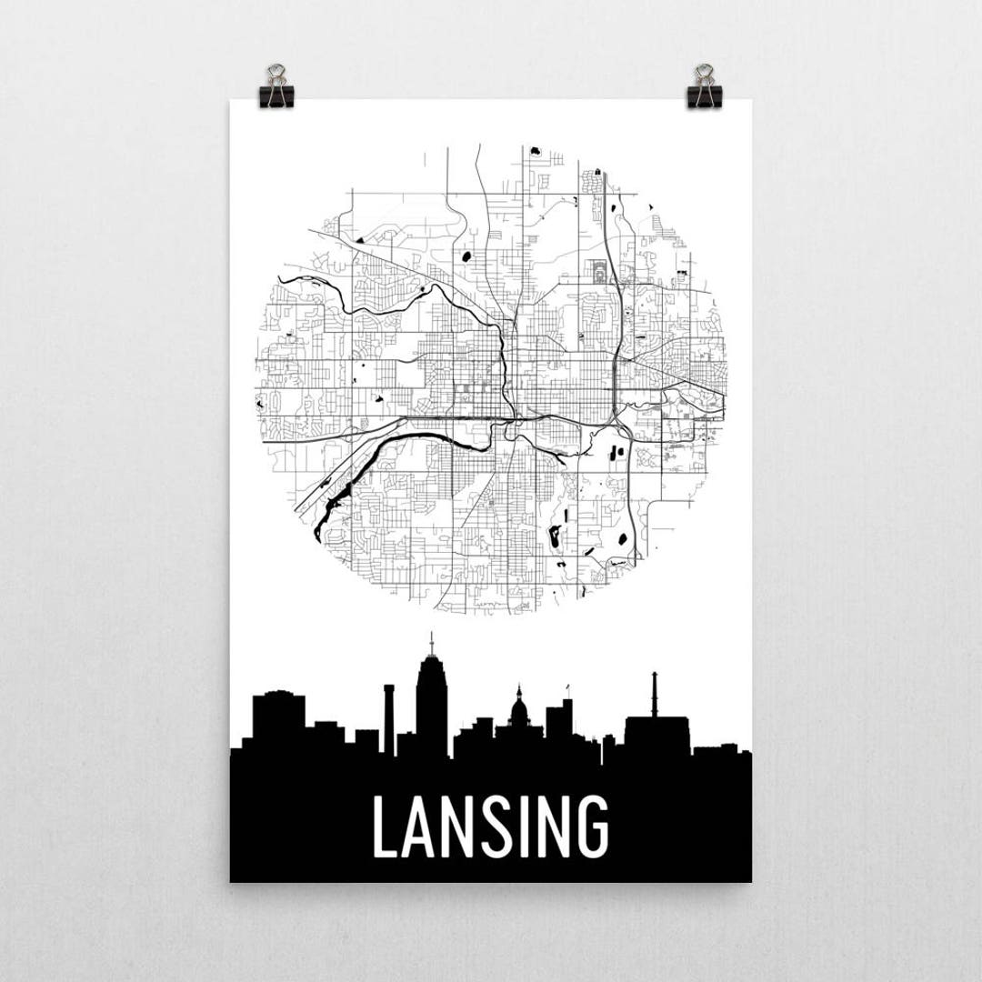 Lansing Skyline, Lansing Map, East Lansing Skyline Art, Lansing Canvas ...