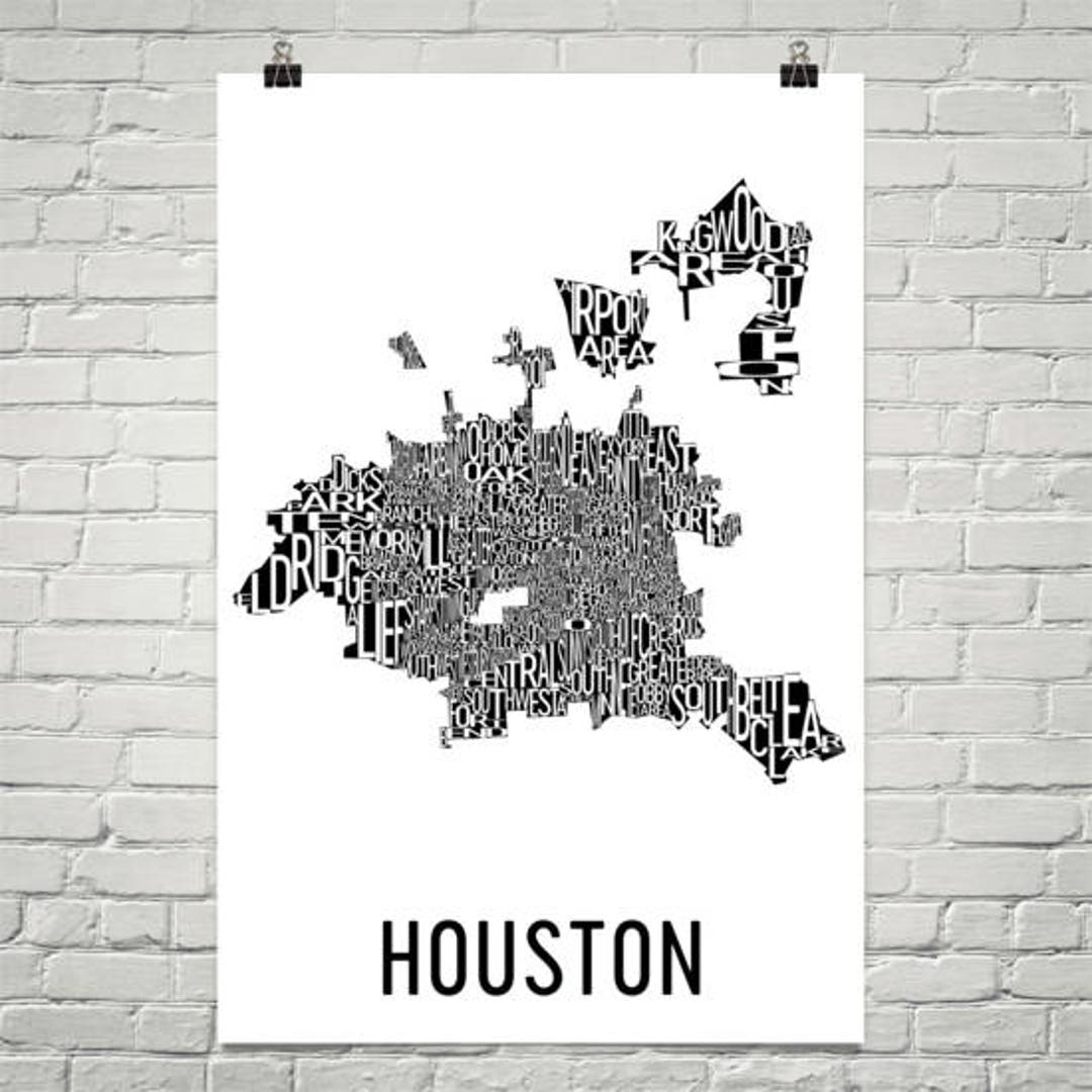 Houston Typography Neighborhood Map Art City Print, Houston Wall Art ...