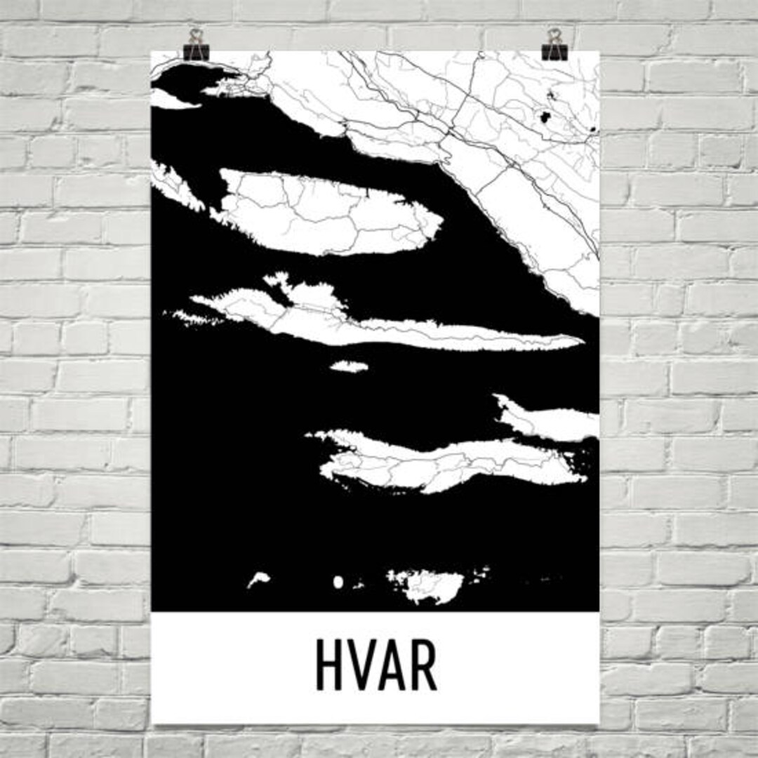Hvar Croatia Map Art Print: Modern Black & White Poster - Etsy