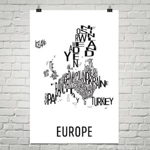 Europe Typography Map Art Print, Europe Wall Art, Europe Art Poster ...
