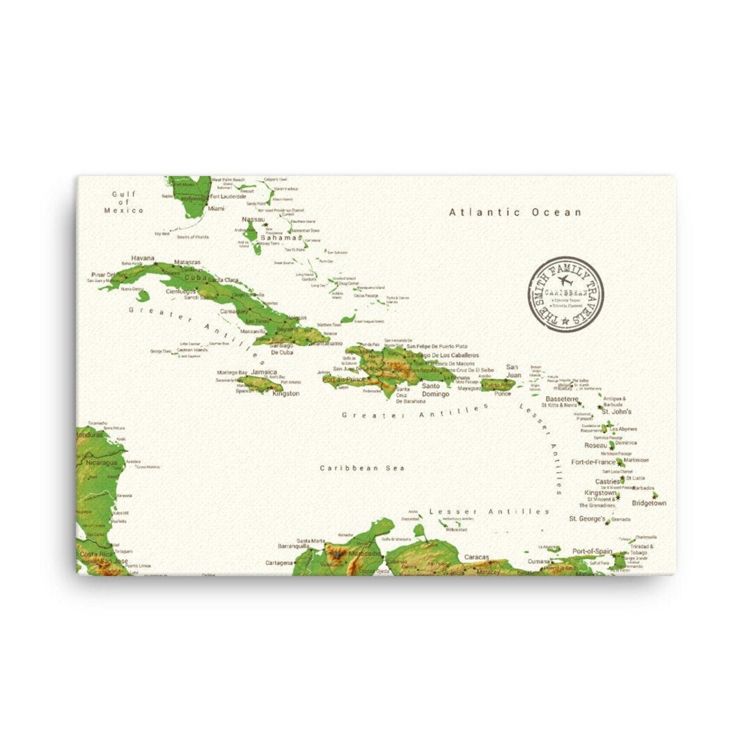 Personalized Caribbean Push Pin Travel Map: Handmade Island Topography ...