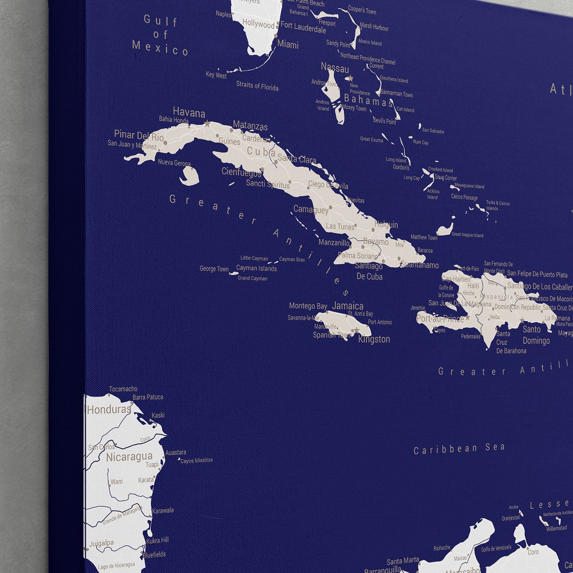 Caribbean Navy Blue Map, Caribbean Push Pin Map, Blue Map of Caribbean ...