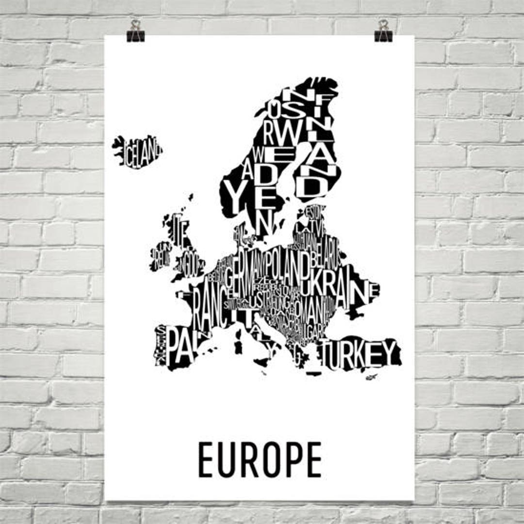 Europe Typography Map Art Print, Europe Wall Art, Europe Art Poster ...