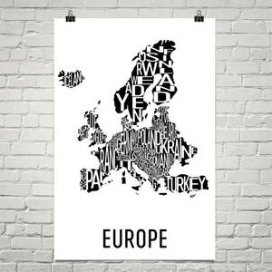 Europe Typography Map Art Print, Europe Wall Art, Europe Art Poster ...