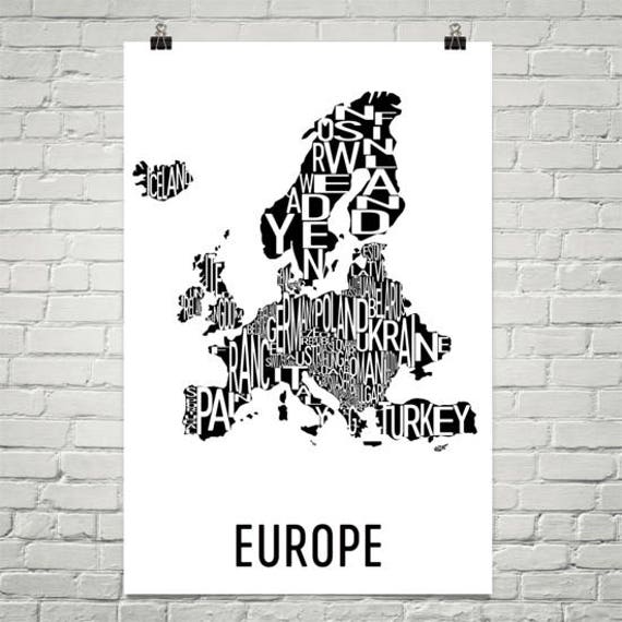 Europe Typography Map Art Print Europe Wall Art Europe Art | Etsy