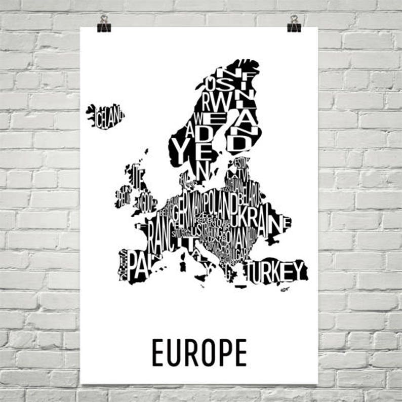 Europe Typography Map Art Print Europe Wall Art Europe Art - Etsy