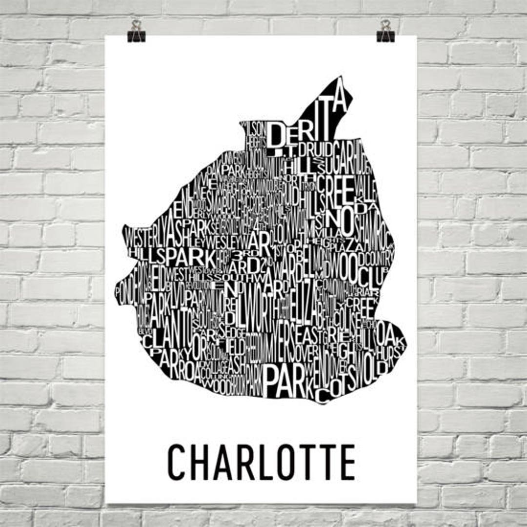 Charlotte NC Typography Neighborhood Map Art City Print, Charlotte Wall ...