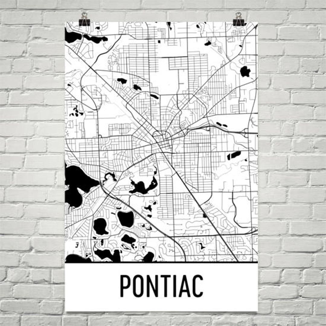 Pontiac MI Map, Pontiac Art, Pontiac Print, Pontiac Michigan Poster ...