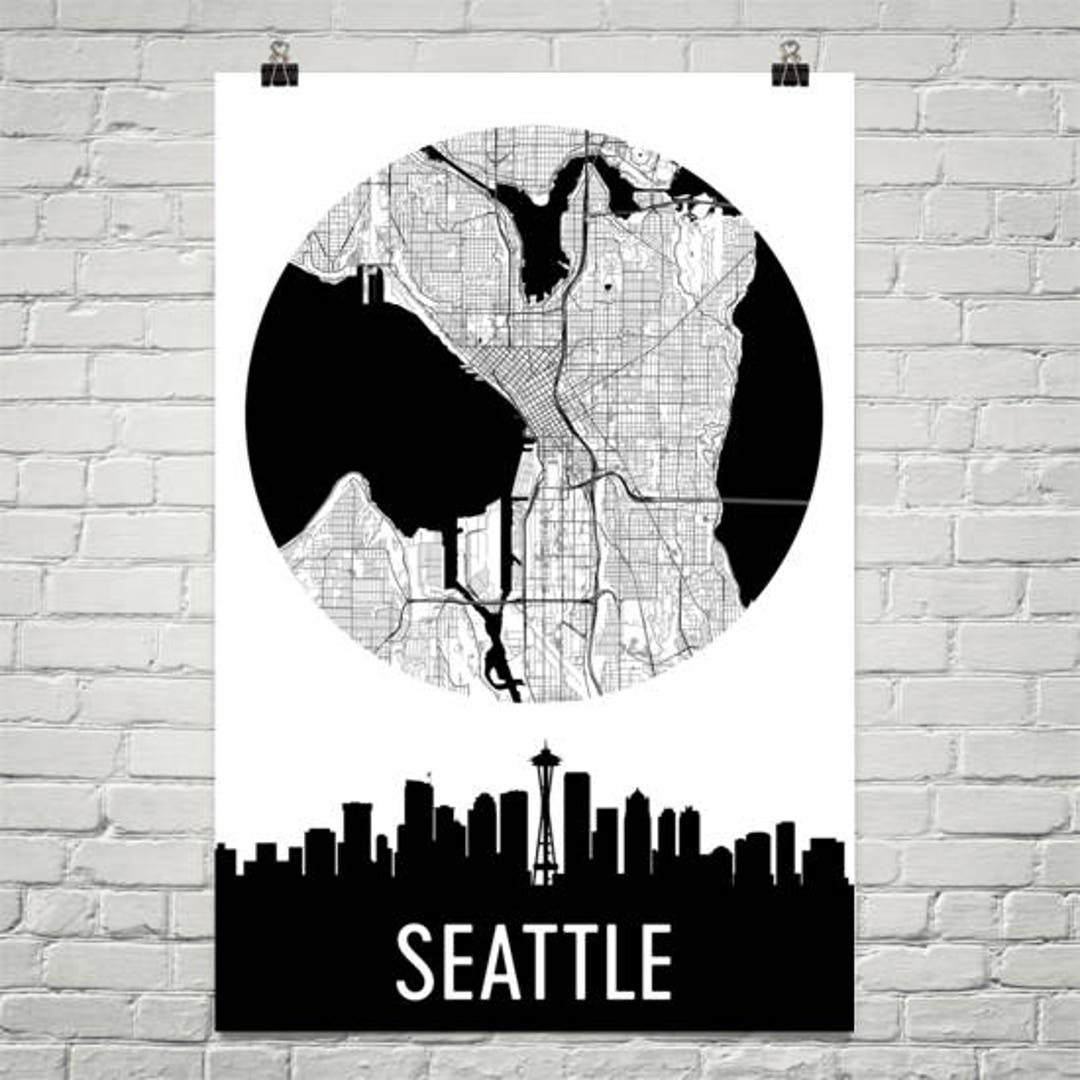 Seattle Skyline Map Art Print: Washington Canvas Poster - Etsy