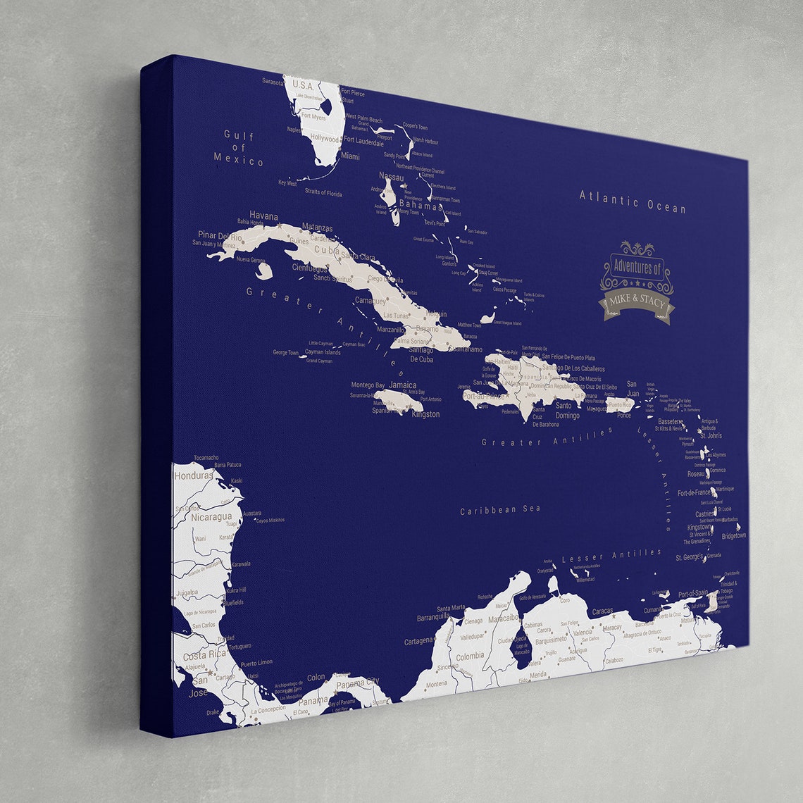 Caribbean Navy Blue Map, Caribbean Push Pin Map, Blue Map of Caribbean ...