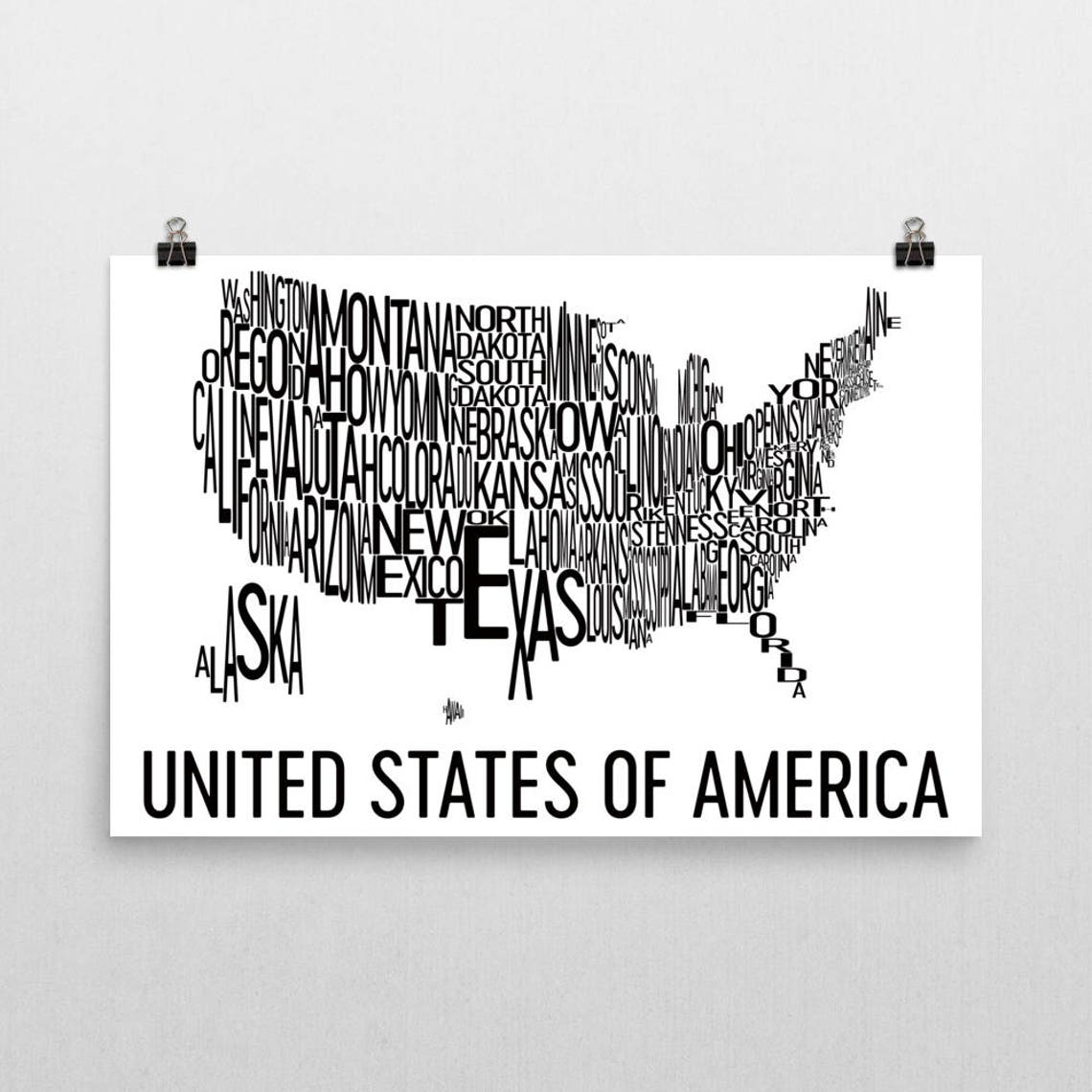USA Map Typography Art Print United States Map Wall Art US | Etsy