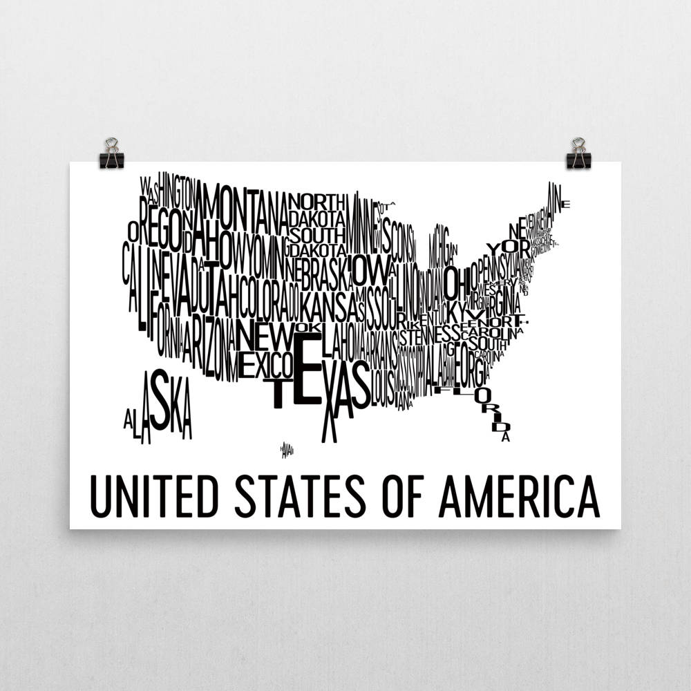 USA Map Typography Art Print United States Map Wall Art US | Etsy