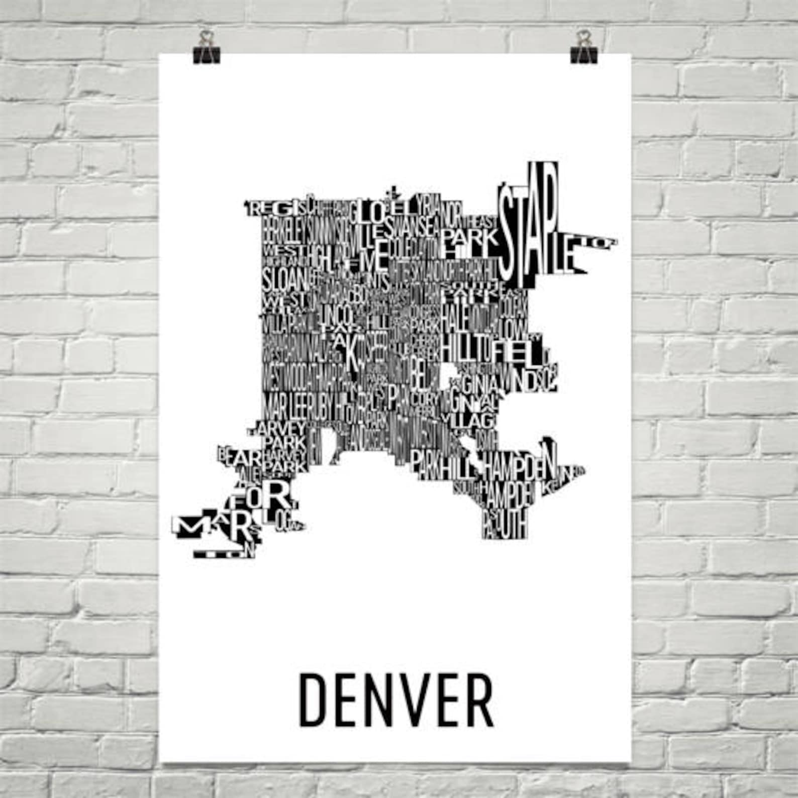 Denver Typography Neighborhood Map Art City Print Denver Wall - Etsy