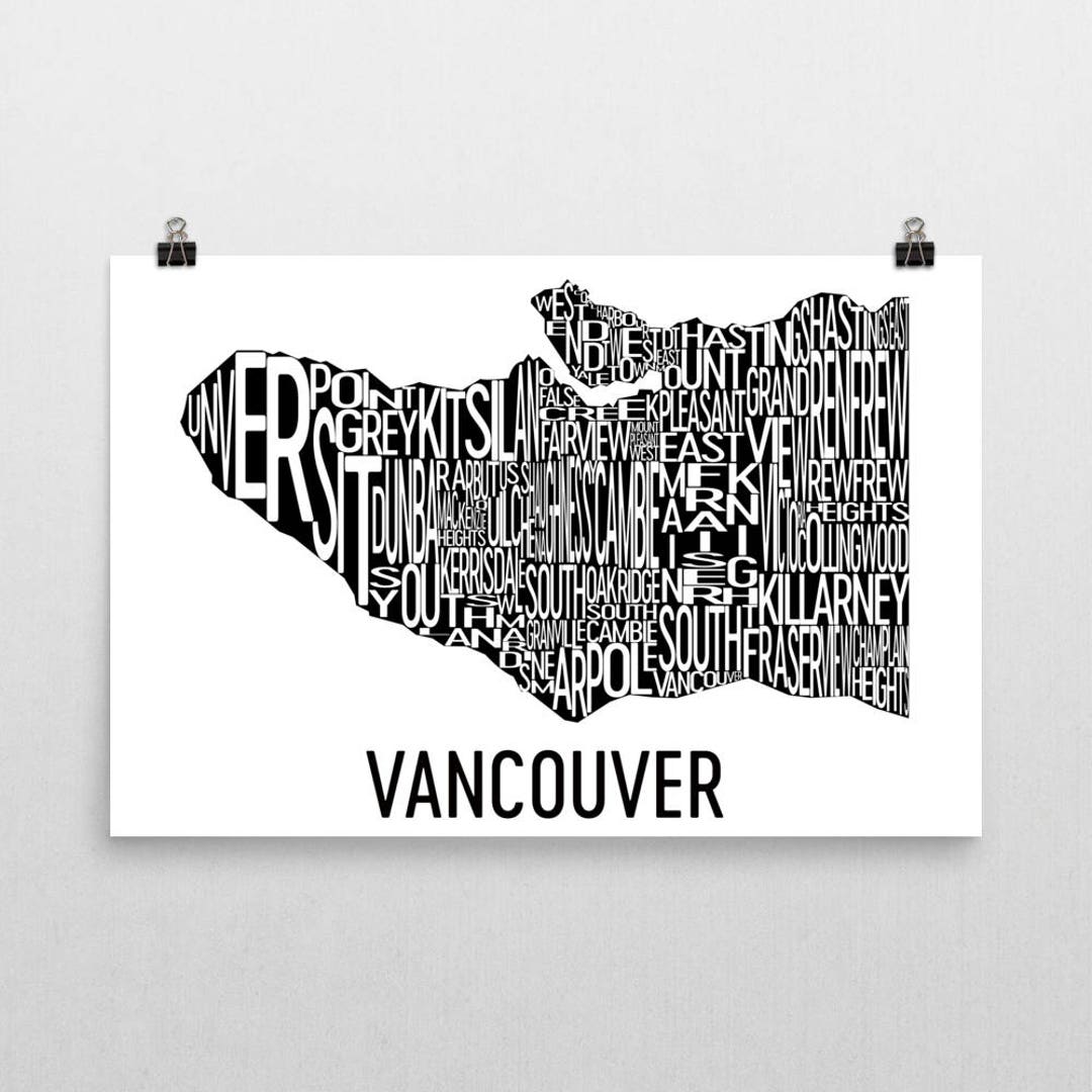 Vancouver Typography Neighborhood Map Art City Print, Vancouver Wall ...
