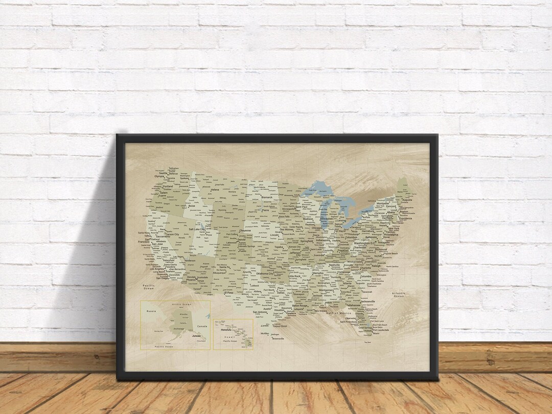 Antique United States Push Pin Map, Vintage USA Map, Beige Travel Map ...