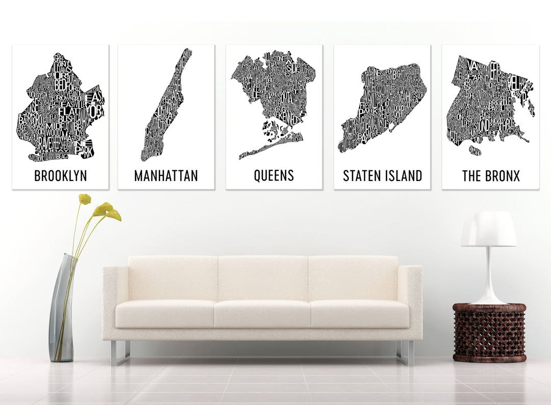 New York Borough Map Neighborhood Art City Print, NYC Typography Wall ...