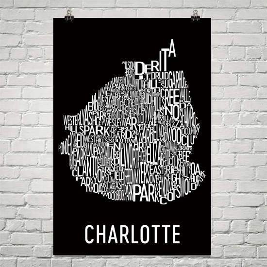 Charlotte NC Typography Neighborhood Map Art City Print | Etsy