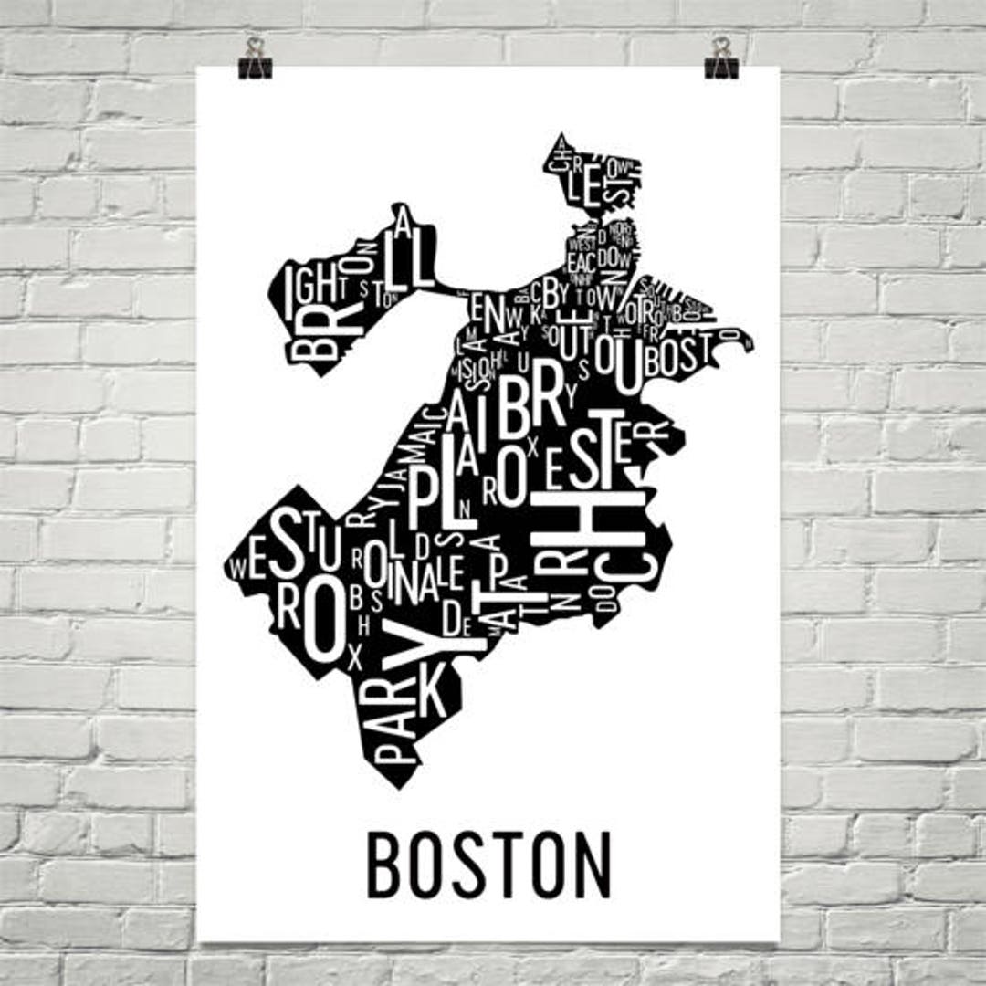 Boston Typography Neighborhood Map Art City Print, Boston Wall Art ...