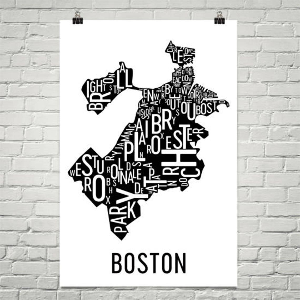 Boston Typography Neighborhood Map Art City Print Boston Wall | Etsy