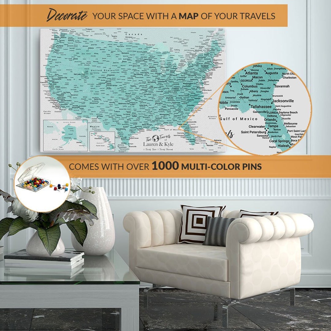 Push Pin Map United States, Watercolor Push Pin Map USA, Framed United ...