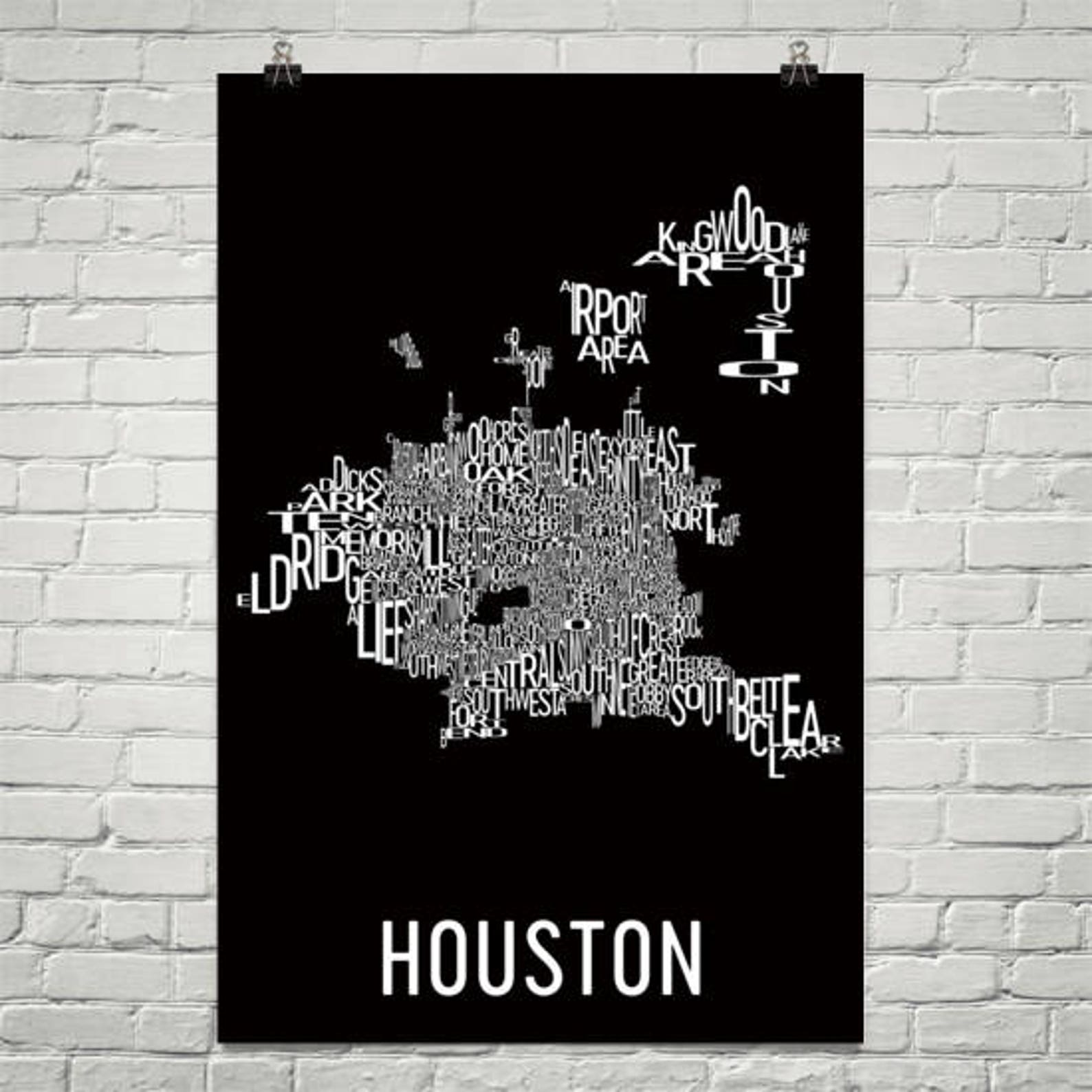 Houston Typography Neighborhood Map Art City Print Houston | Etsy