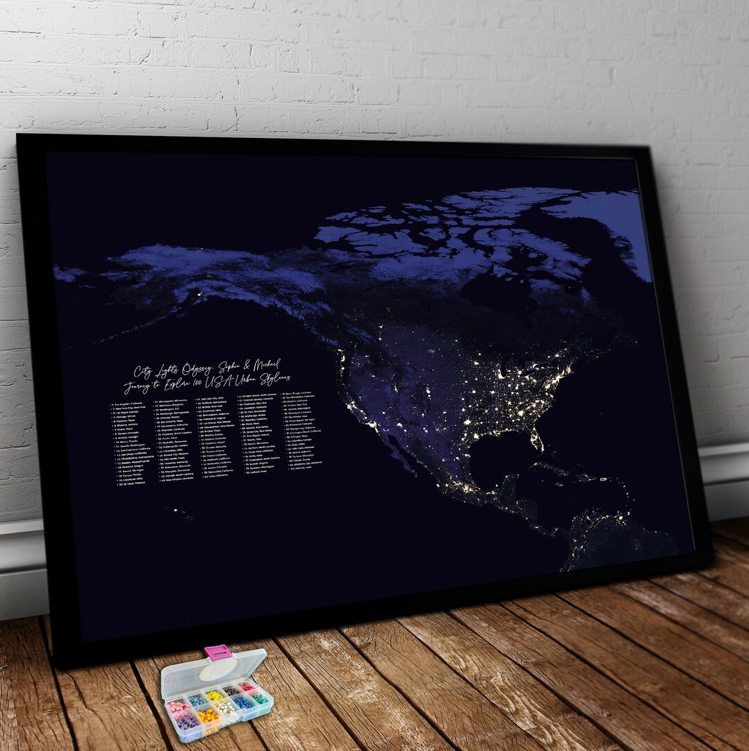 Personalized US Travel Map: Night Satellite Push Pin Wall Art - Etsy UK