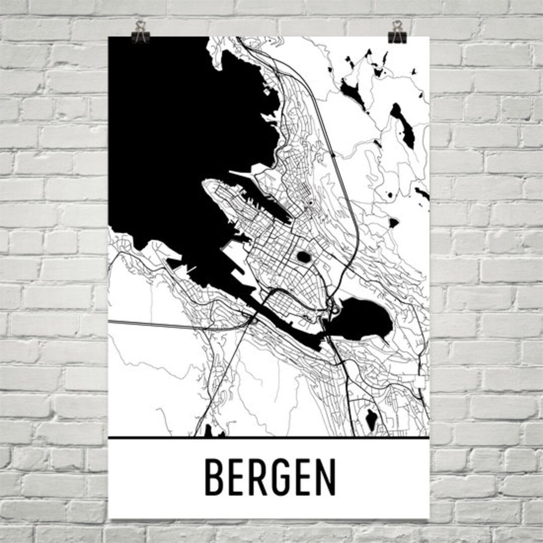 Bergen Map, Bergen Art, Bergen Print, Bergen Norway Poster, Bergen Wall ...