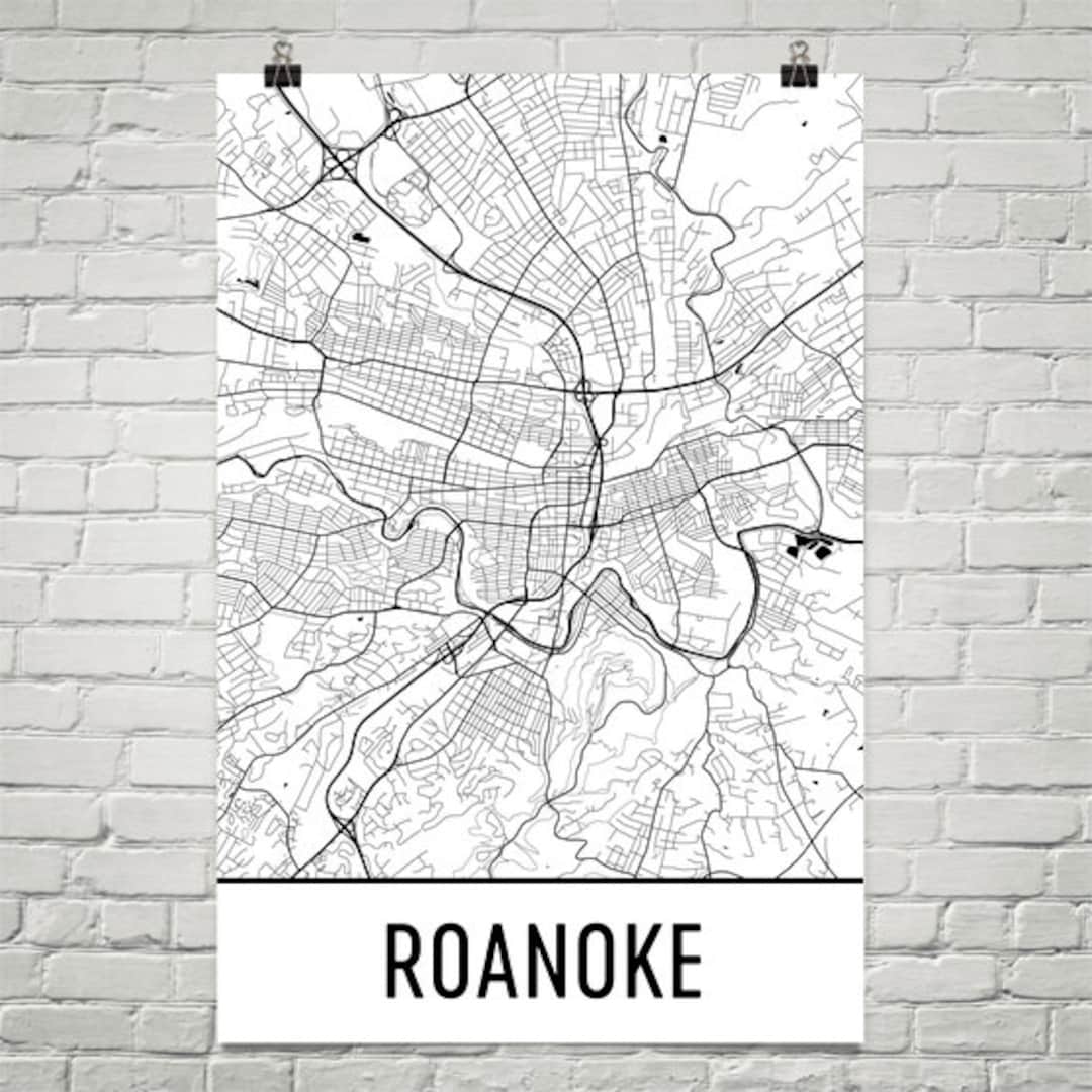 Roanoke Map, Roanoke Art, Roanoke Print, Roanoke VA Poster, Roanoke ...