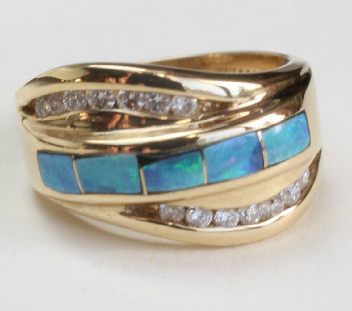 Australian Opal Diamond Inlay Inlaid Ring 14k Gold - Etsy