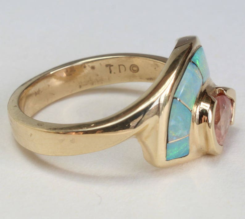 Opal Inlay Ring Pink Saphire 14k Gold Australian Opal Size 7US - Etsy